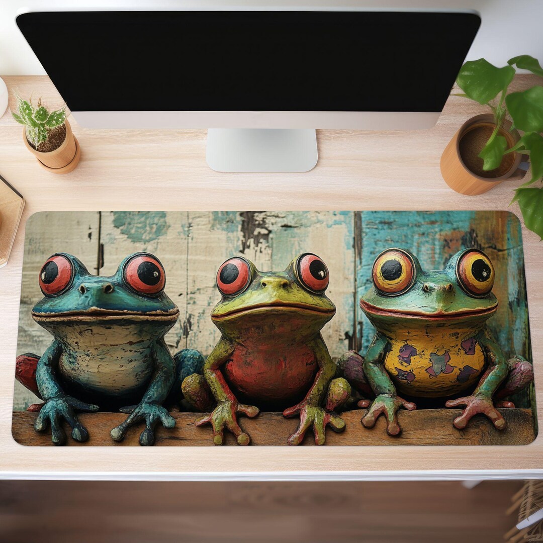 Three Frogs Desk Mat and Decor, Frog Lover Mouse Pad, Large Gaming ...