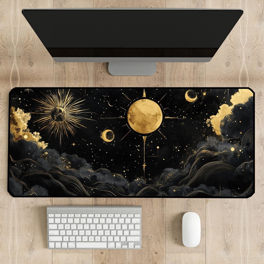 Celestial Desk Mat in Black and Gold With Stars and Moon and Clouds ...