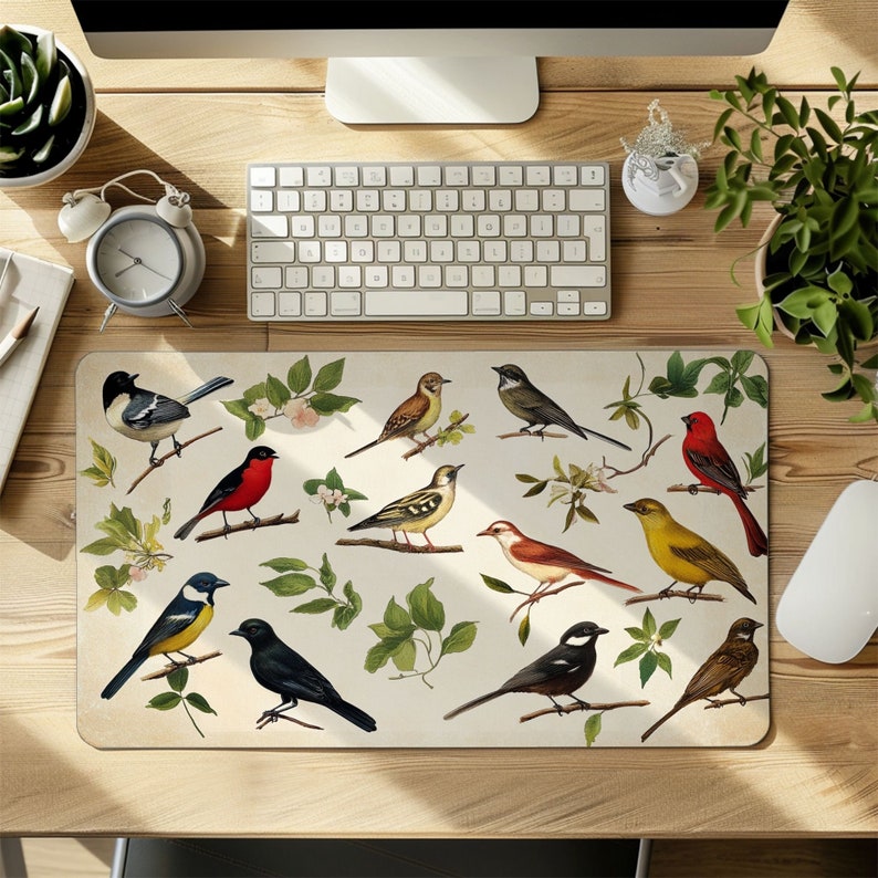 Vintage Bird Desk Mat, Gift for Bird Lovers, Cute Desk Pad, Birds Mouse ...