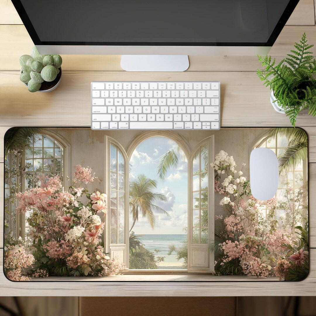 Floral Desk Mat, Cottagecore Desk Pad, Pink Mousepad, Seaside Deskmat ...