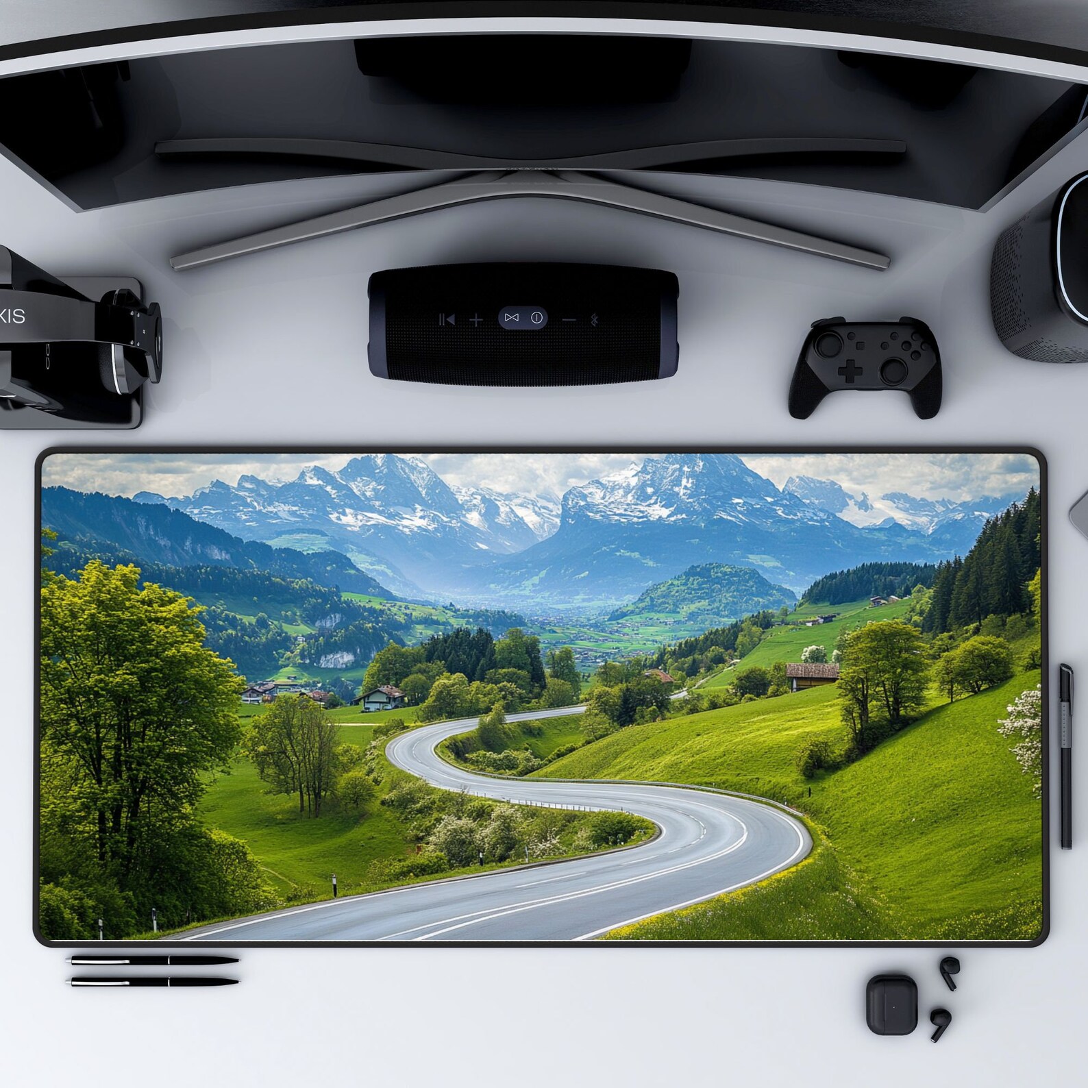 Mountain Landscape Desk Mat, Swiss Alps Extended Mousepad, Mountain ...