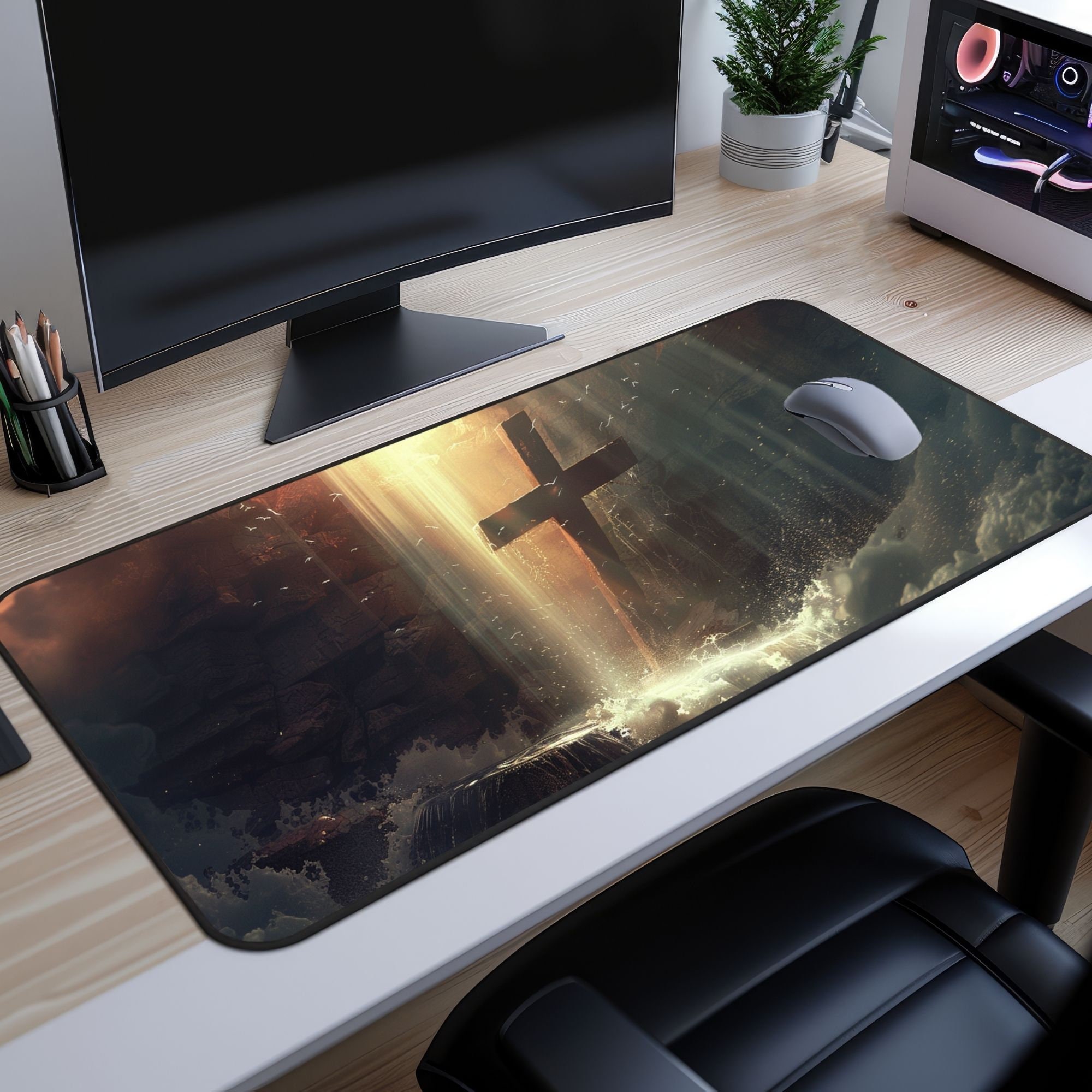 Cross With Sun Rays Desk Pad, Christian Decor Mouse Pad, Faith and ...