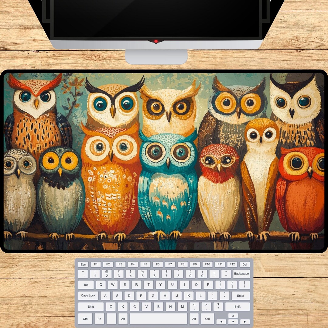 Cute Owls Desk Mat, Owl Lovers Desk Pad, Extra Large Mouse Pad, Folk ...