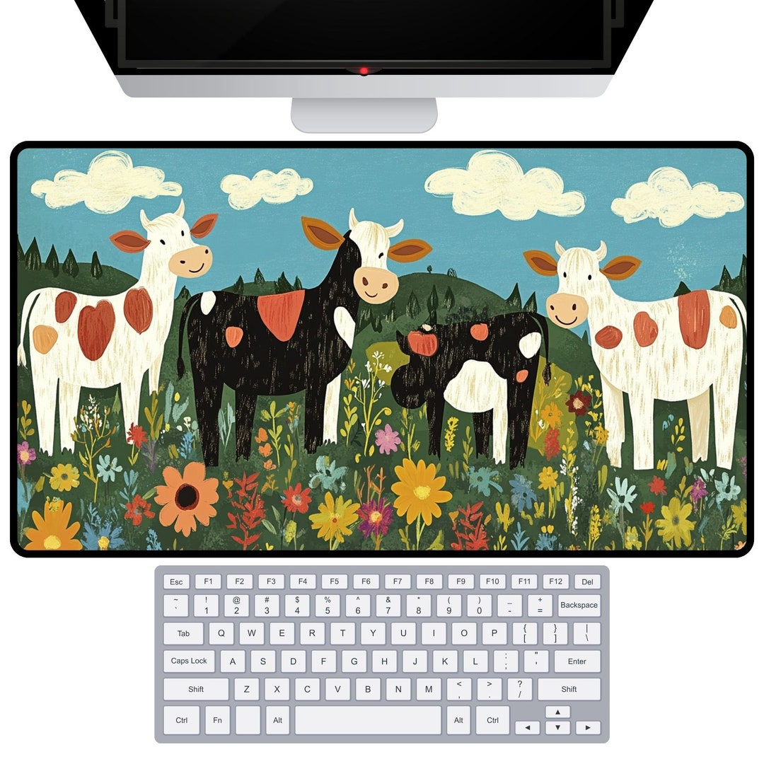 Funny Dairy Cow Desk Mat, Cute Folk Art Cow Desk Pad, Four Heifers ...