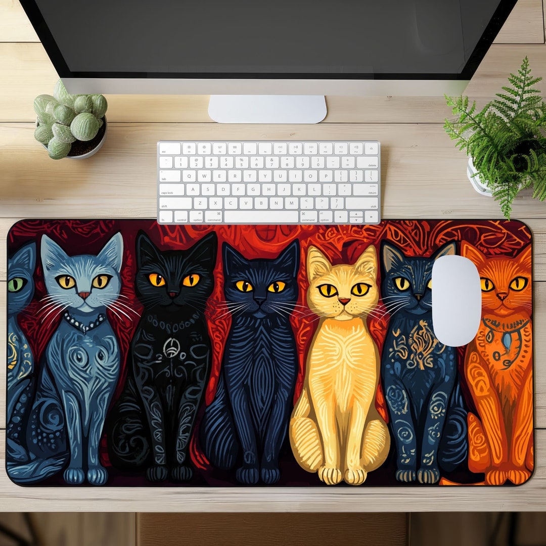 Folk Art Cat Desk Mat, Cute Cat Mouse Pad, Whimsical Cats Desk Pad ...