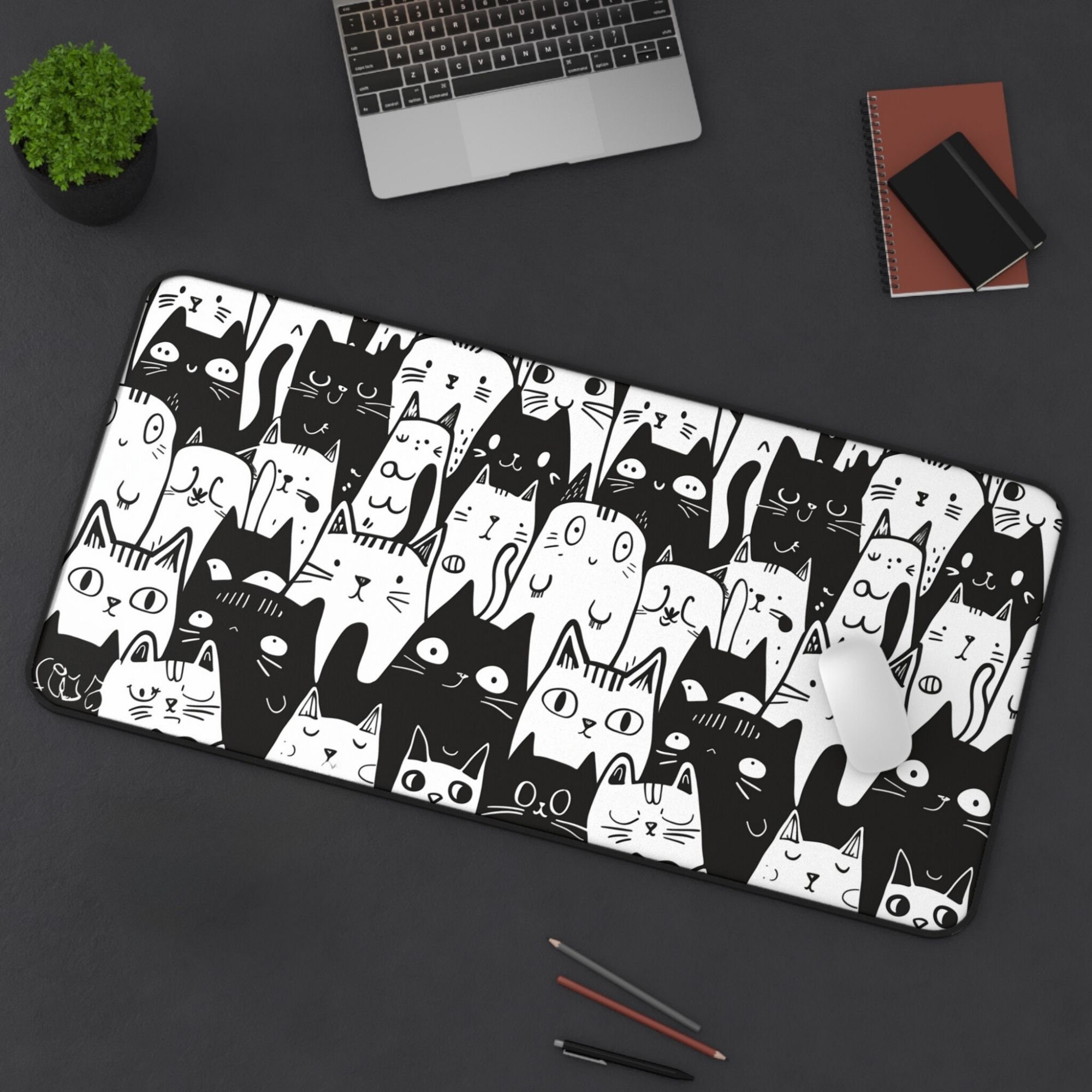 Funny Cat Lovers Desk Pad, Doodle Themed Computer PC Mat, Extra Long ...