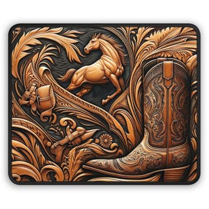 Western Art Desk Pad, Tooled Leather Look Inspired Computer PC Mat, Art ...