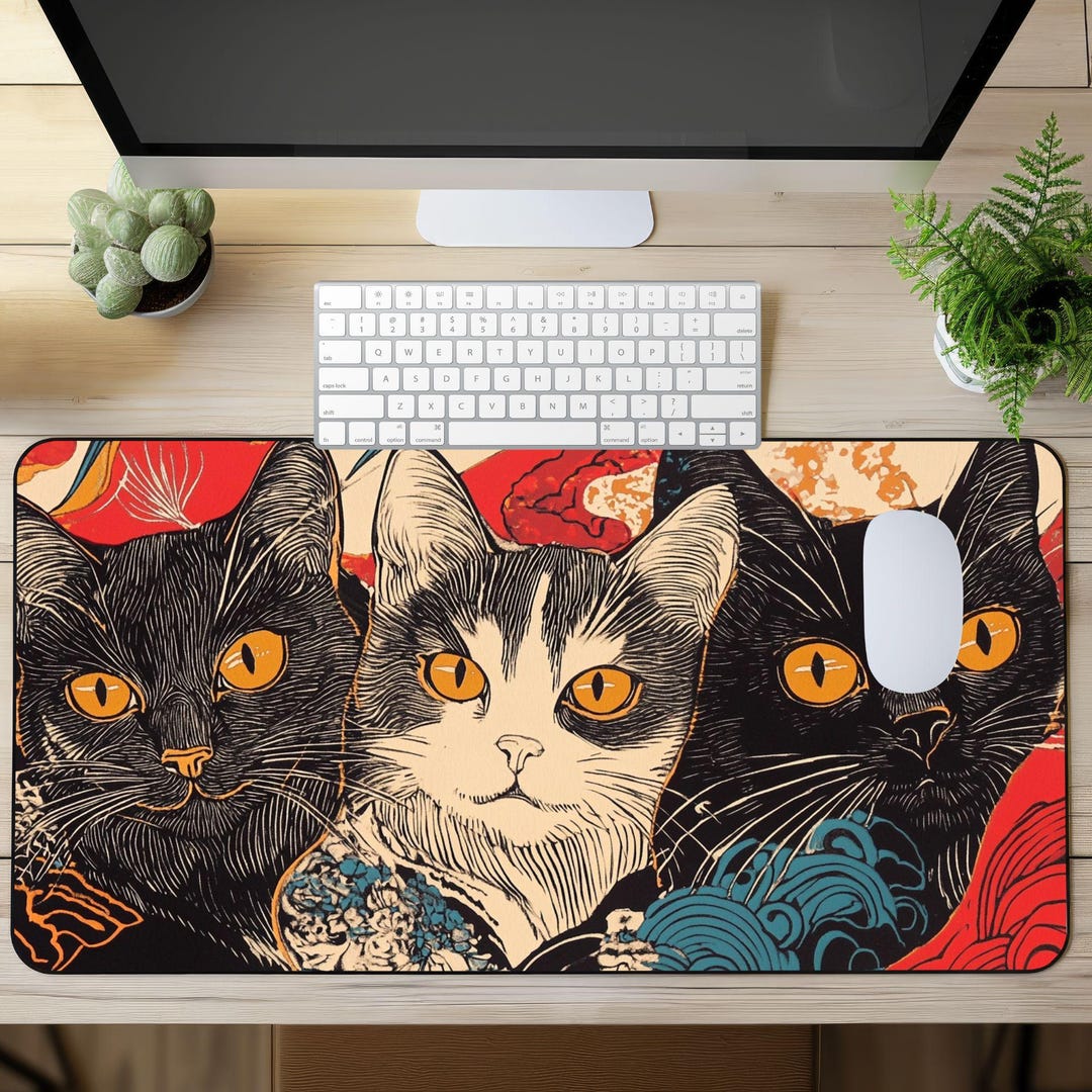 Three Cats Desk Mat and Mousepad, Cat Lover Desk Decor, Aesthetic Desk ...
