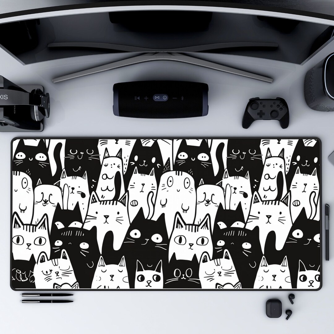 Funny Cat Lovers Desk Pad, Doodle Themed Computer PC Mat, Extra Long ...