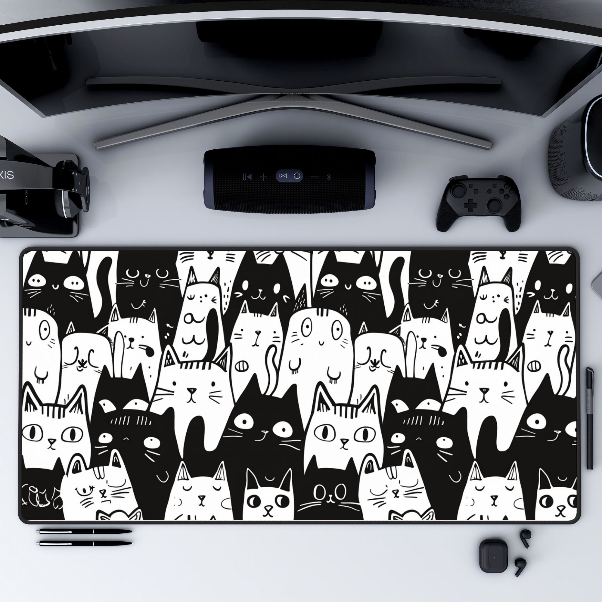 Funny Cat Lovers Desk Pad, Doodle Themed Computer PC Mat, Extra Long ...