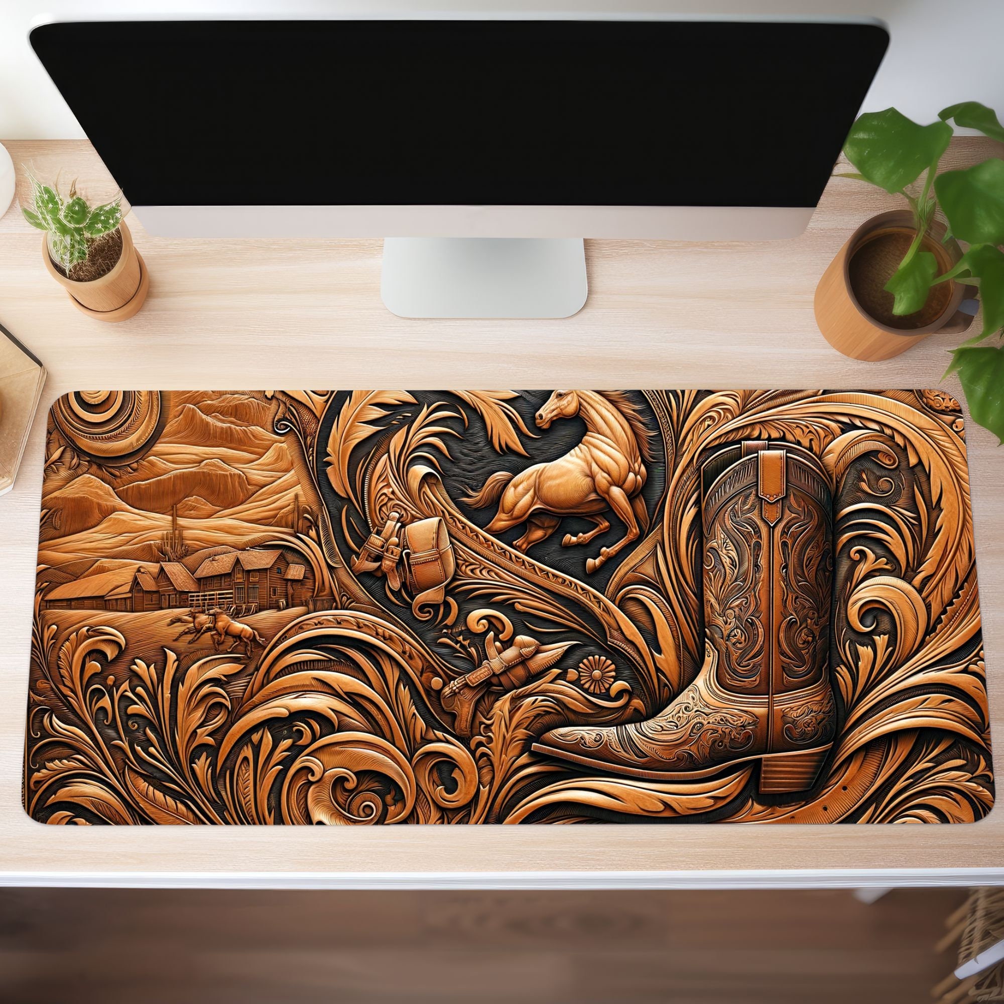 Western Art Desk Pad, Tooled Leather Look Inspired Computer PC Mat, Art ...
