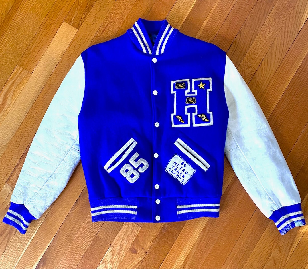 Vintage 1980s Nelson's Varsity Jacket/ Wool and Leather/ Blue and White ...
