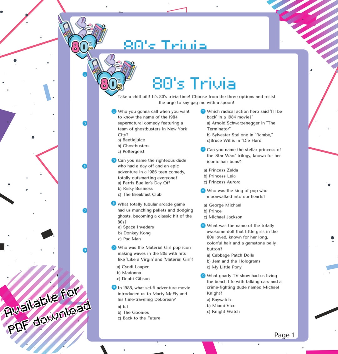 80s Pop Culture Trivia, Decade Trivia, Digital Download, Digital ...