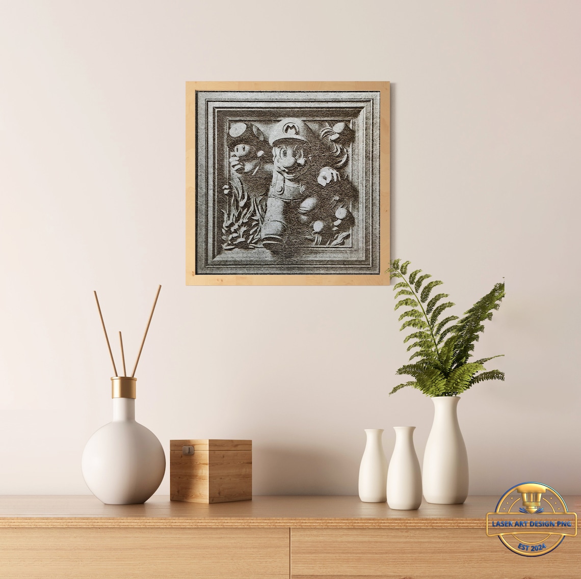 3D Illusion Wood Carving | Retro Plumber Jump Pose | Laser Engraving ...