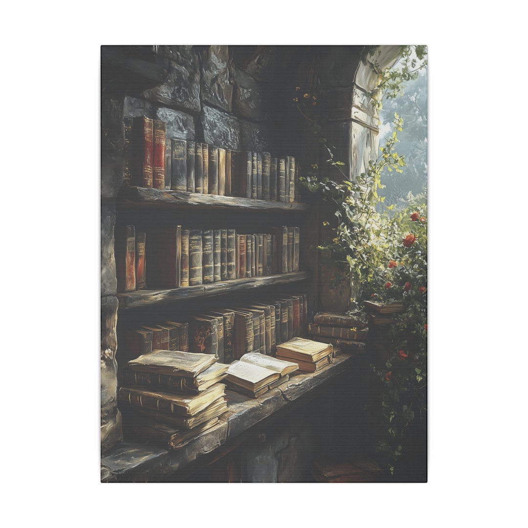 Vintage Bookshelf Canvas Art, Rustic Library Wall Décor, Cozy Reading ...