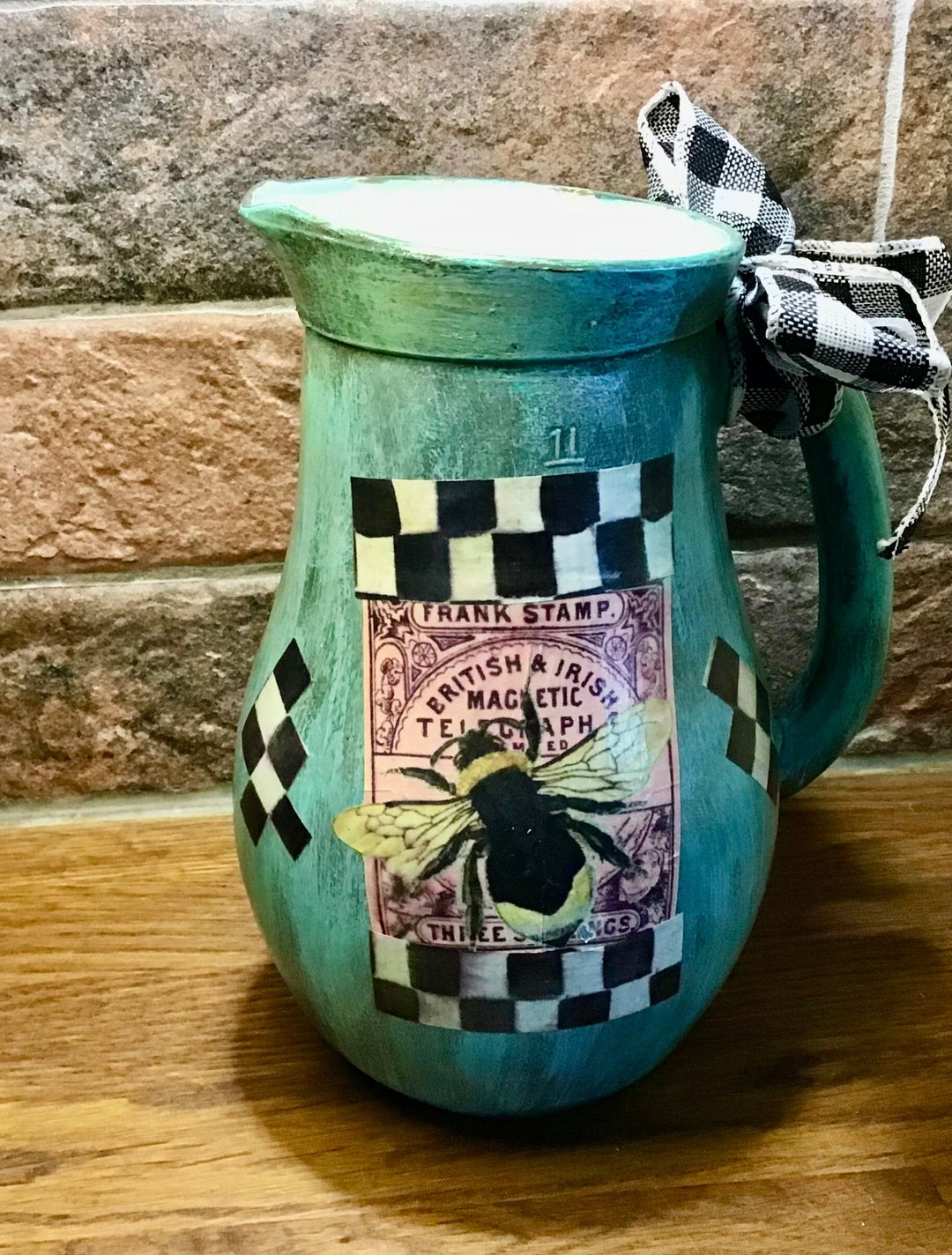 Decoupage Bumble Bee Glass Pitcher Vase, Rustic Farmhouse Decor Mother ...