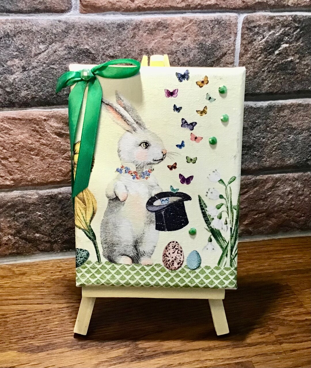 Rabbit Decoupaged Canvas and Wooden Easel Set, Bunny Rabbit Decoration ...