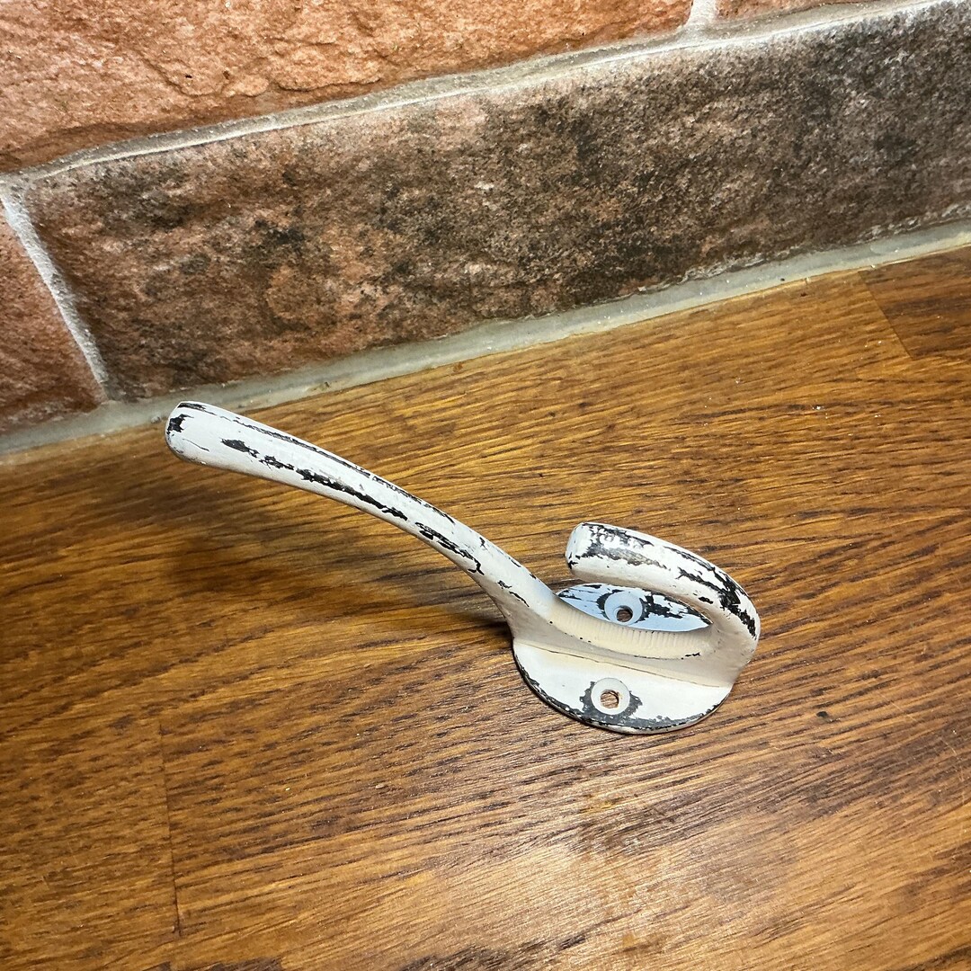 Vintage Antique Style Cast Iron Double Hook in Distressed White Chalk ...