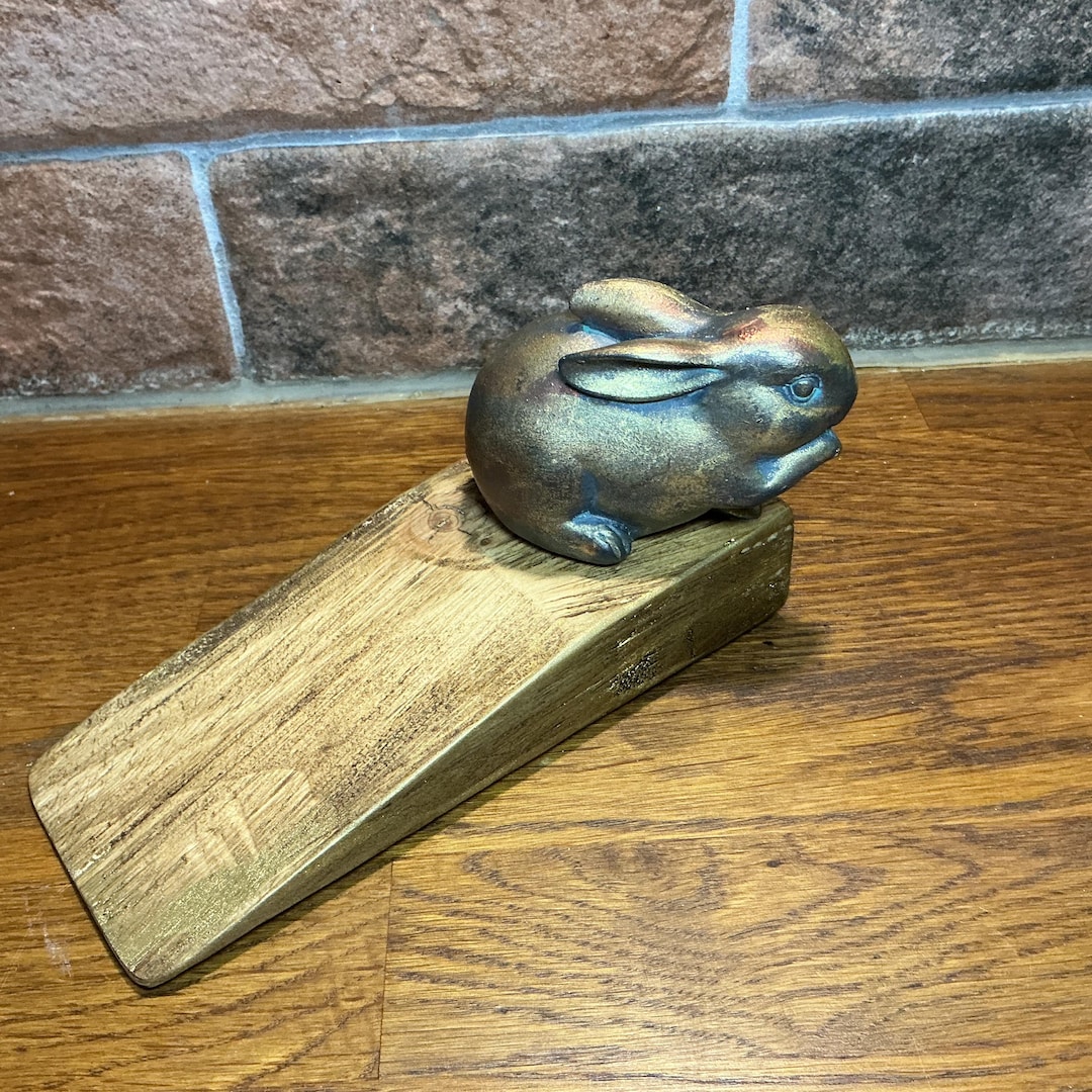 Handcrafted Rustic Rabbit Door Stop: Bronze Gilded Wood Wedge Door ...