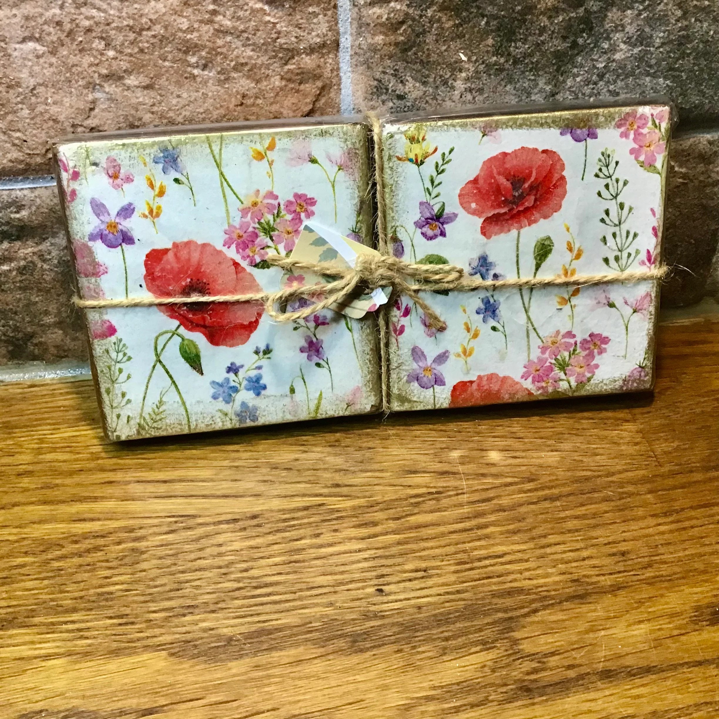 Handcrafted Solid Wood Coasters, Set of Two Either Poppies, Bumblee Bee ...