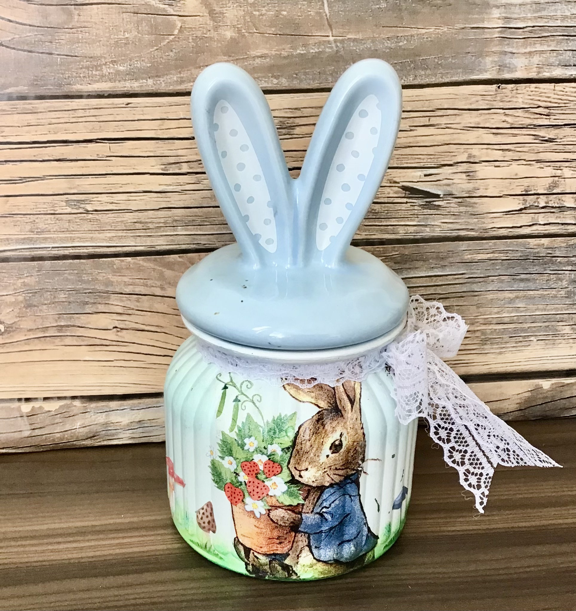 Peter Rabbit Bunny Ear Jar, Decoupage Ribbed Glass Storage Jar, Nursery ...