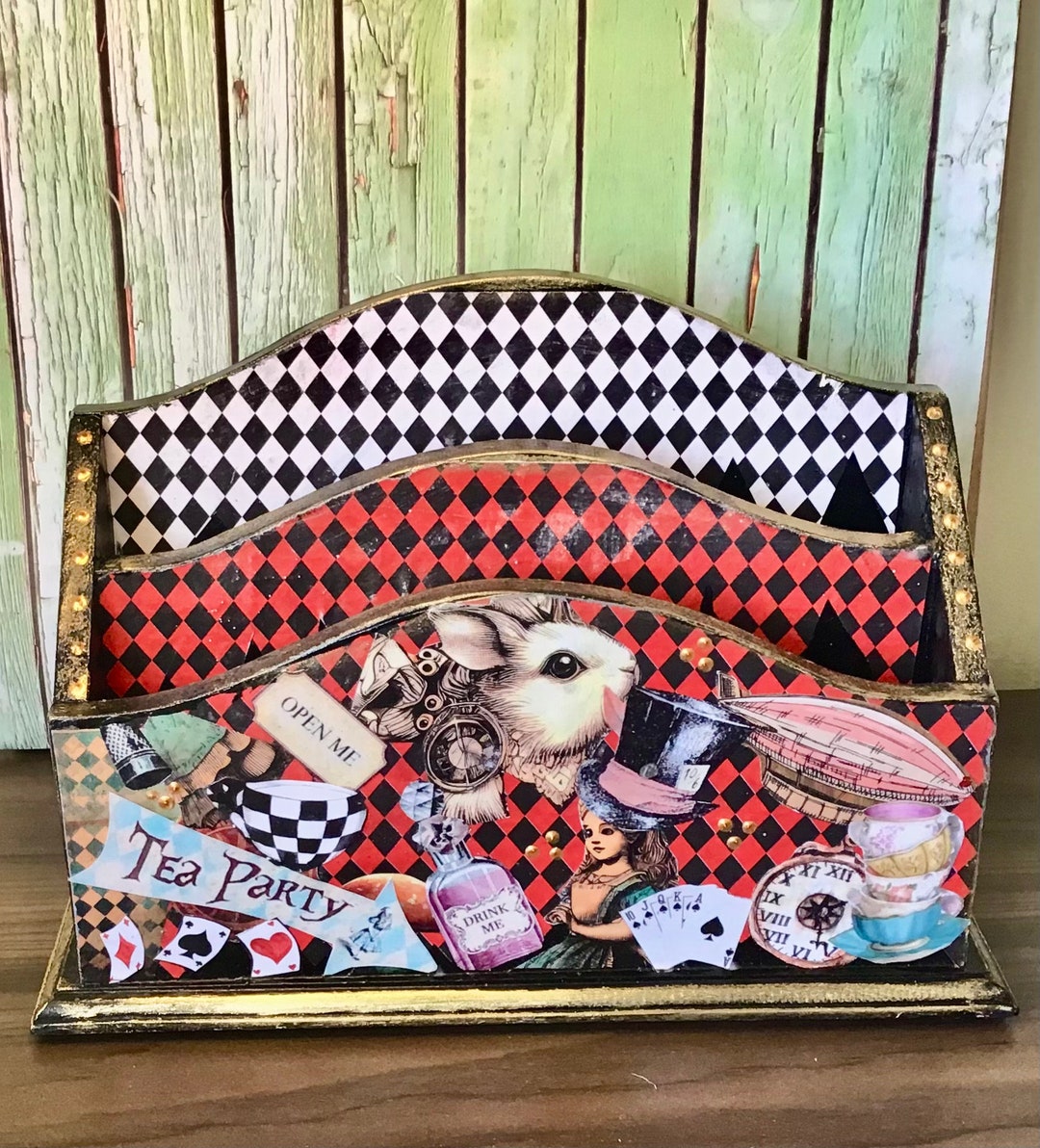 Wood Letter Rack. Alice in Wonderland Decoupage Letter Holder, Desk ...