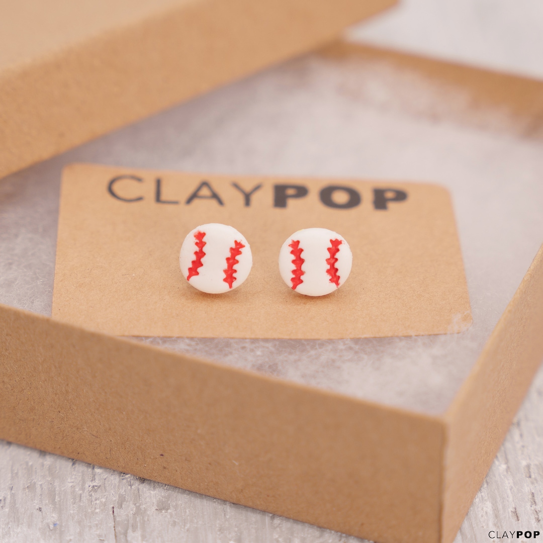 Baseball Stud Earrings, Polymer Clay, Nickel Free, Hypoallergenic, Gift ...
