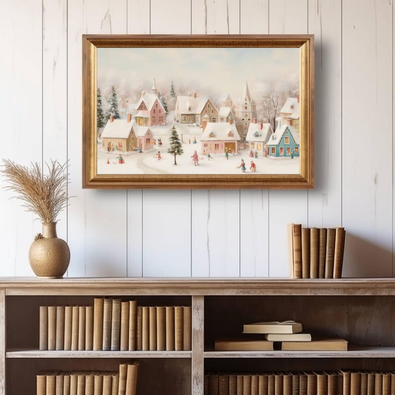 Printable Pastel Christmas Village, Girlie Winter Art, Holiday Poster ...