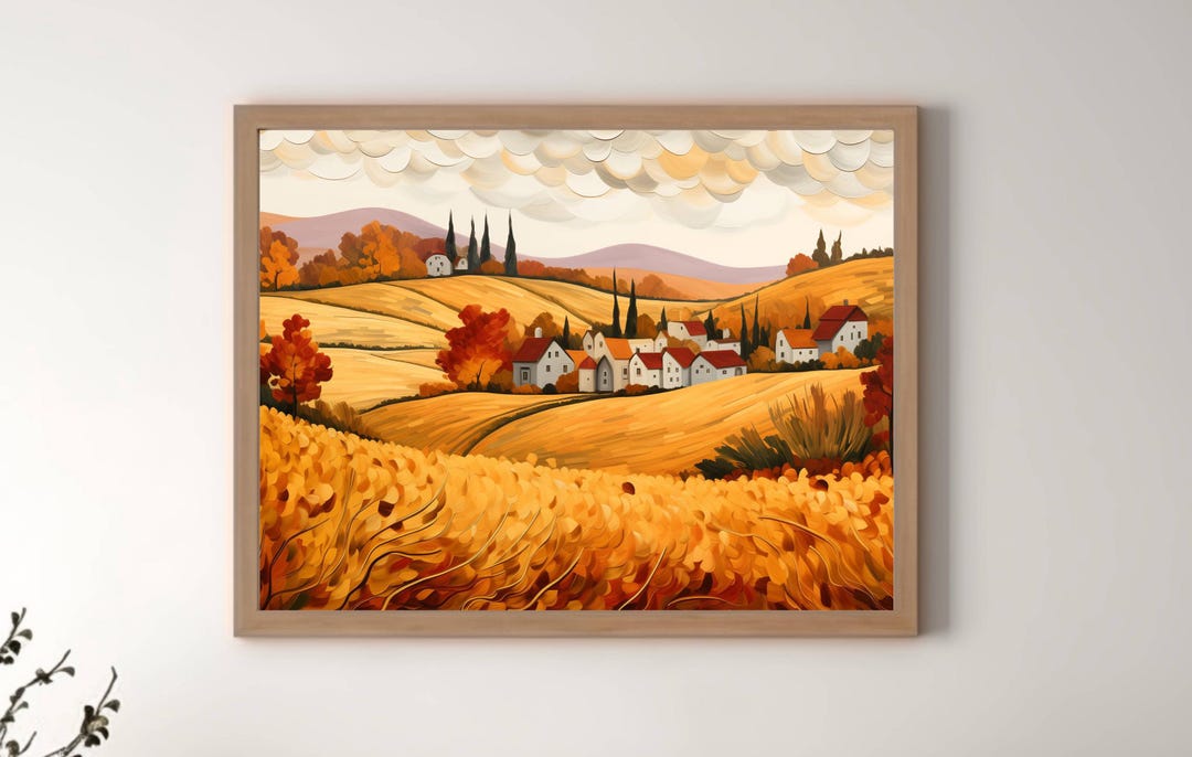 Printable Abstract Fall Town Landscape, Countryside Cottage Core Décor ...