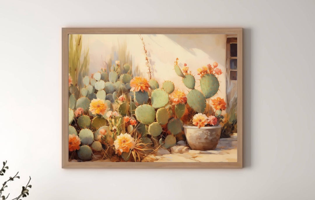 Printable Rustic Cactus Flower Art, Desert Cactus Oil Painting, Boho ...