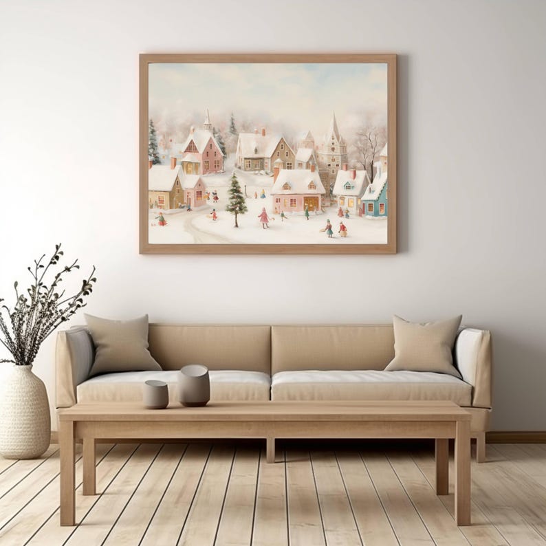 Printable Pastel Christmas Village, Girlie Winter Art, Holiday Poster ...