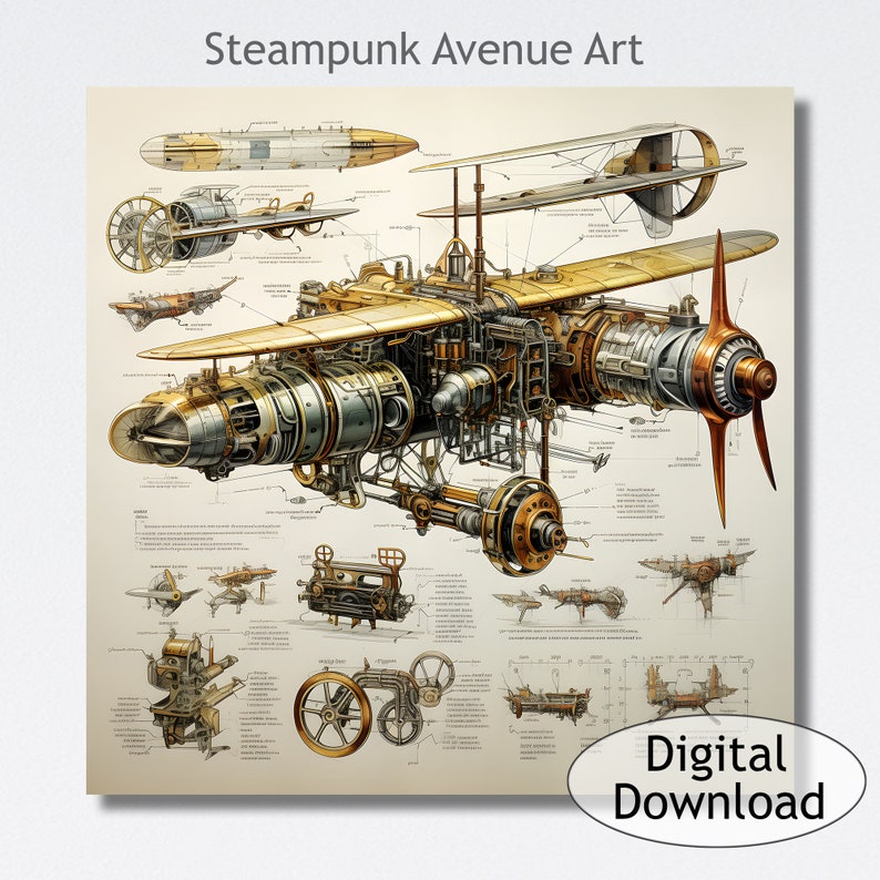 Steampunk AIRPLANE TECHNICAL, Printable Wall Art, Colorful Wall Art ...