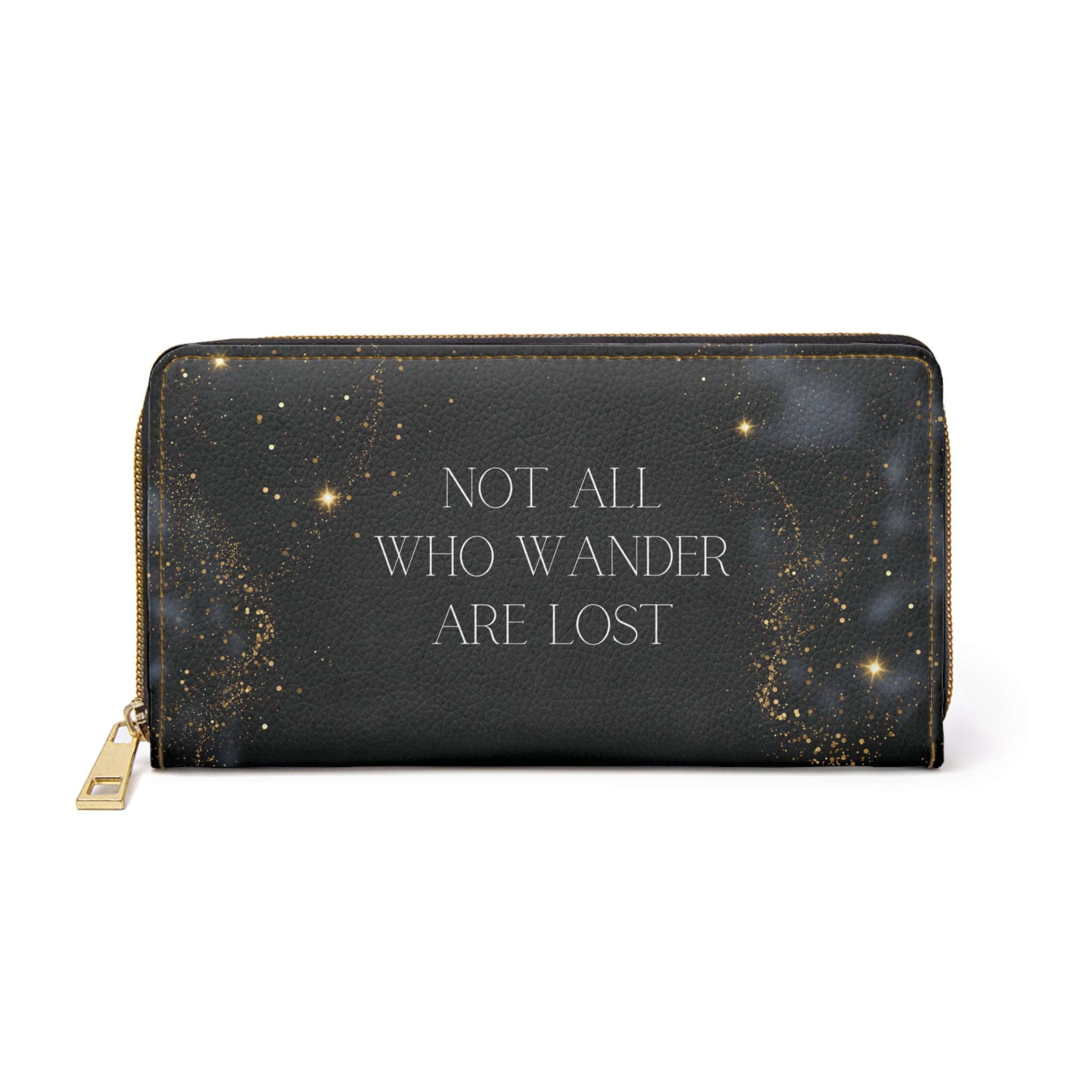 Not All Who Wander Are Lost | Pale Black Stary Wallet | Gold Zipper ...
