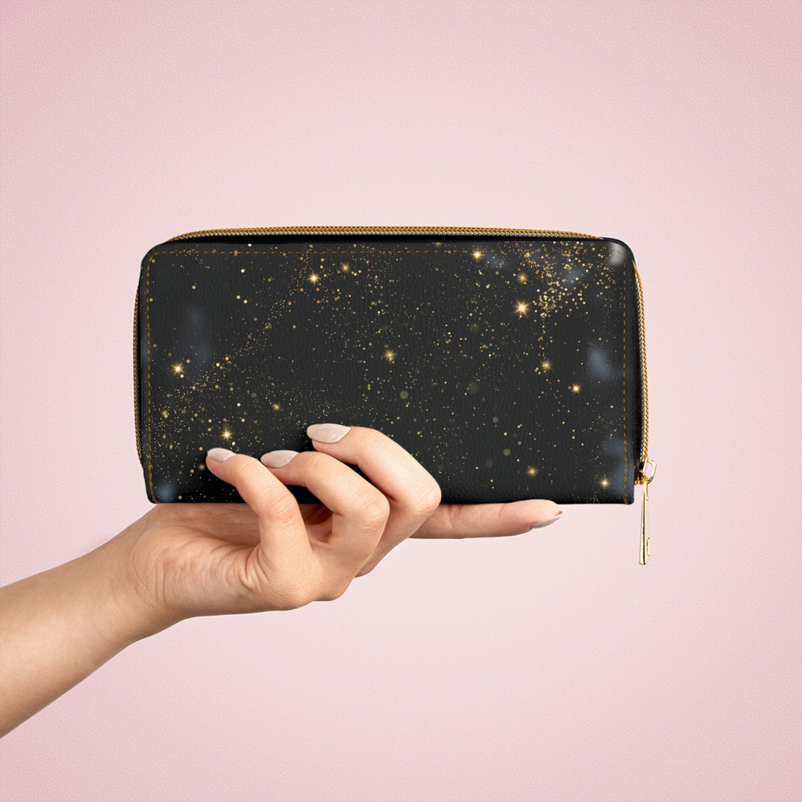 Not All Who Wander Are Lost | Pale Black Stary Wallet | Gold Zipper ...