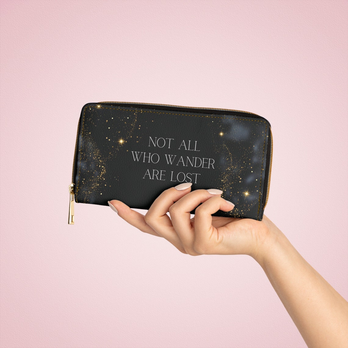Not All Who Wander Are Lost | Pale Black Stary Wallet | Gold Zipper ...