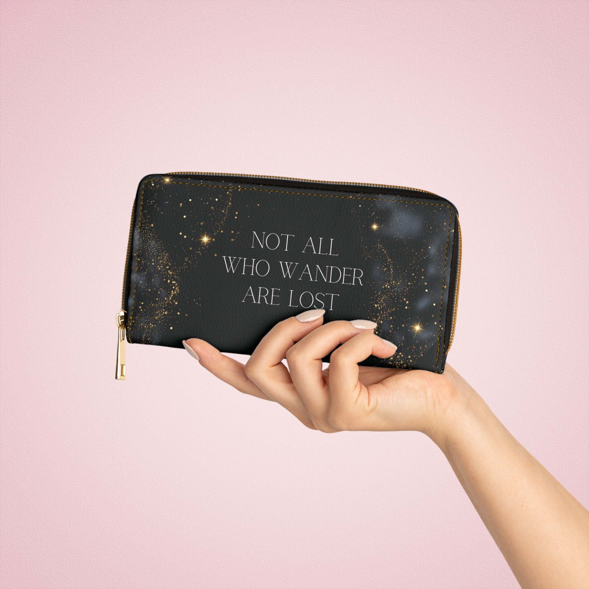 Not All Who Wander Are Lost | Pale Black Stary Wallet | Gold Zipper ...