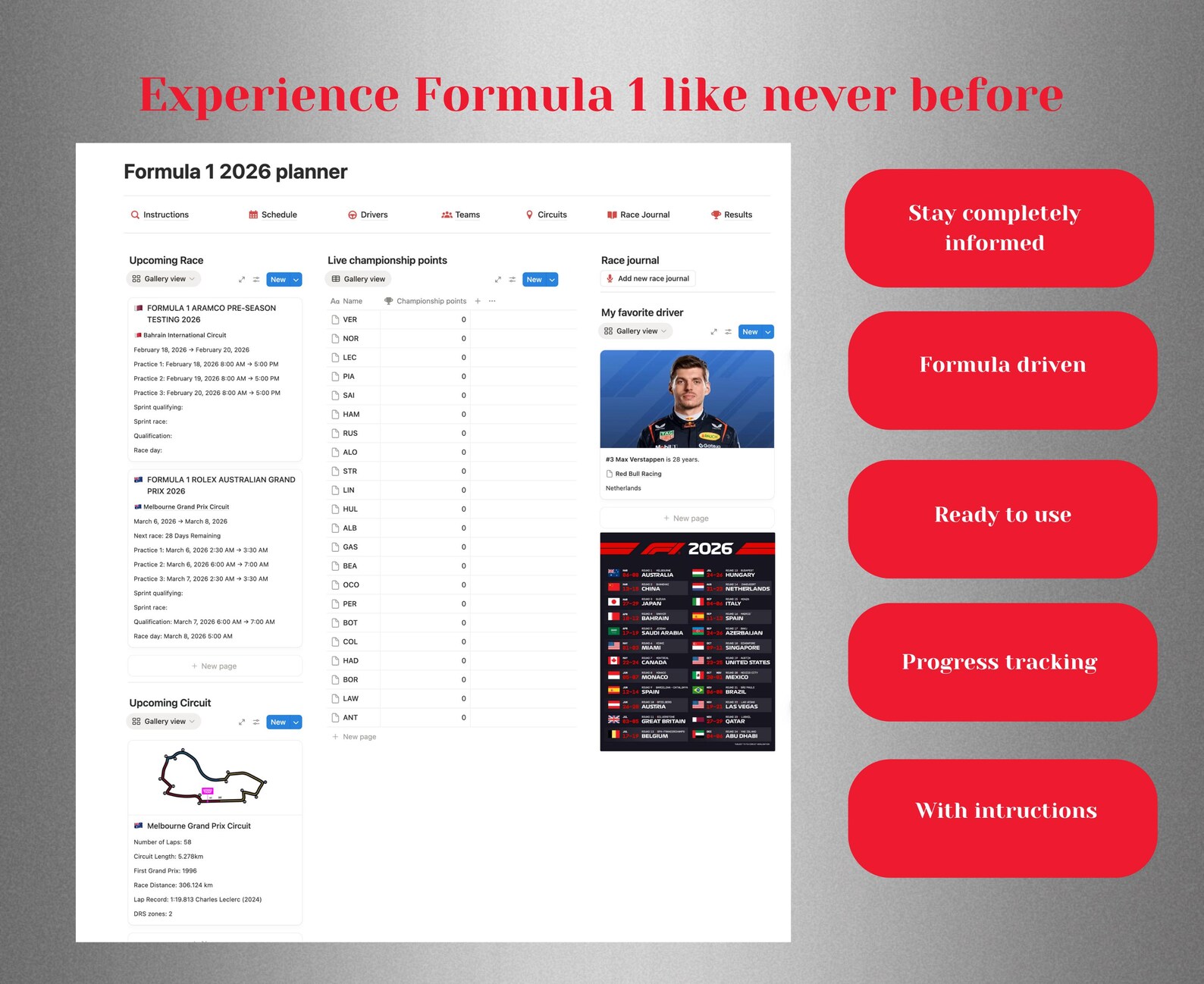 Formula 1 2026 プランナー テンプレート Notion: インタラクティブ F1 グランプリ レース ジャーナル (デジタル ...
