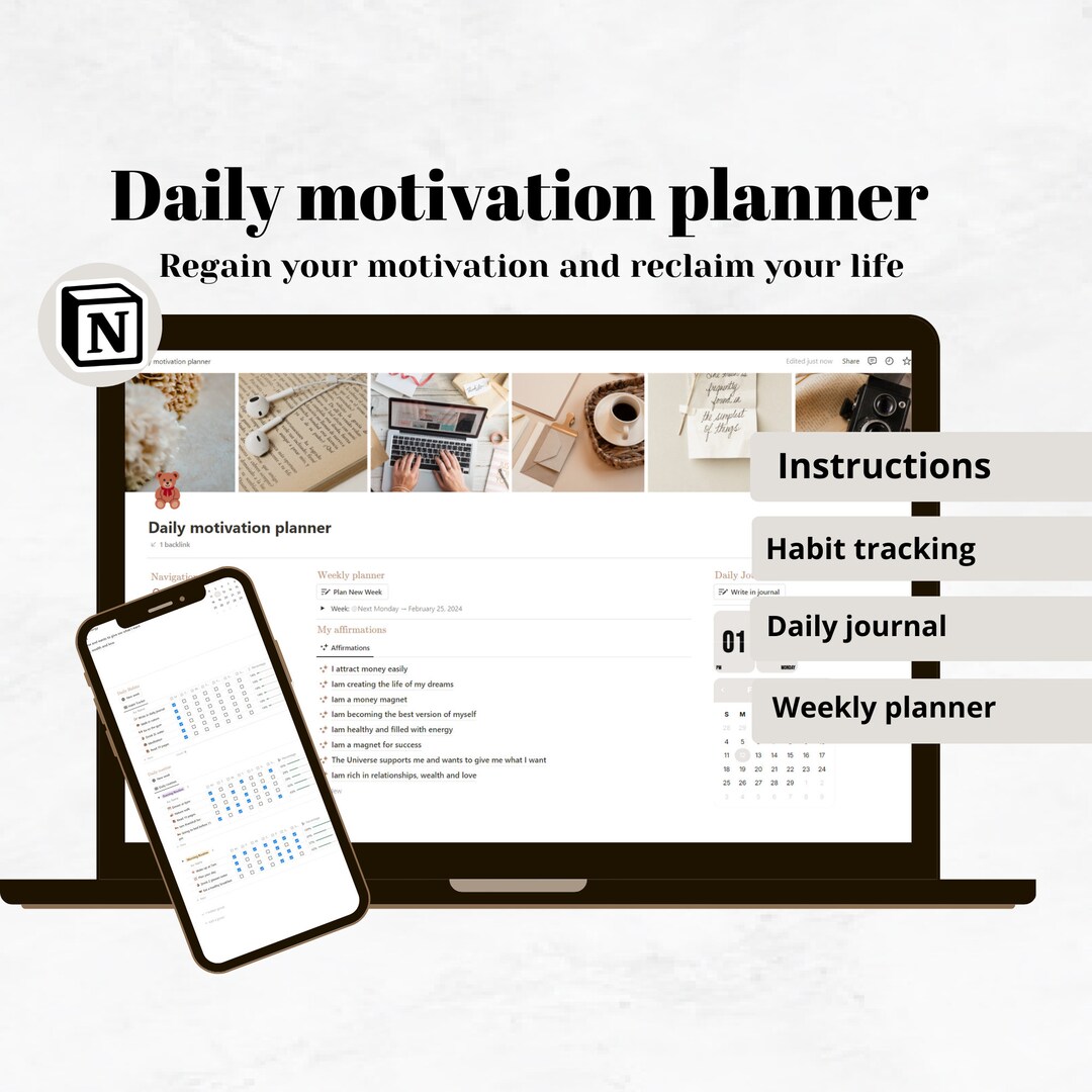 Daily Motivation Planner: Notion Template, Habit Tracker (digital ...