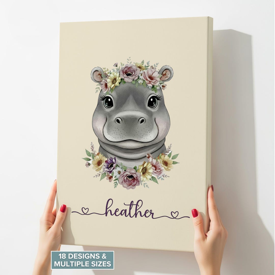 Personalized Baby Hippo Nursery Wall Art | Custom Name Boho Floral ...