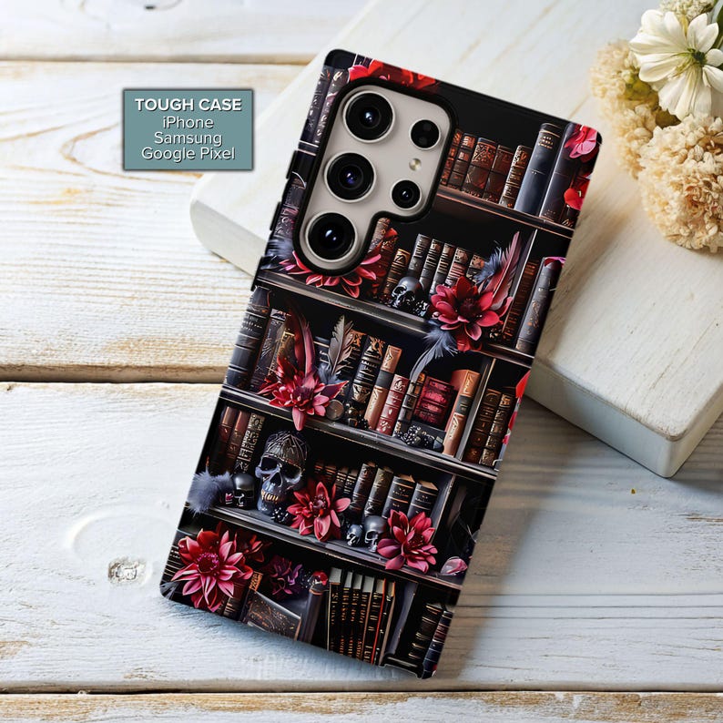 Dark Academia Bookshelf Phone Case: Gothic Skull Floral Design, Iphone ...