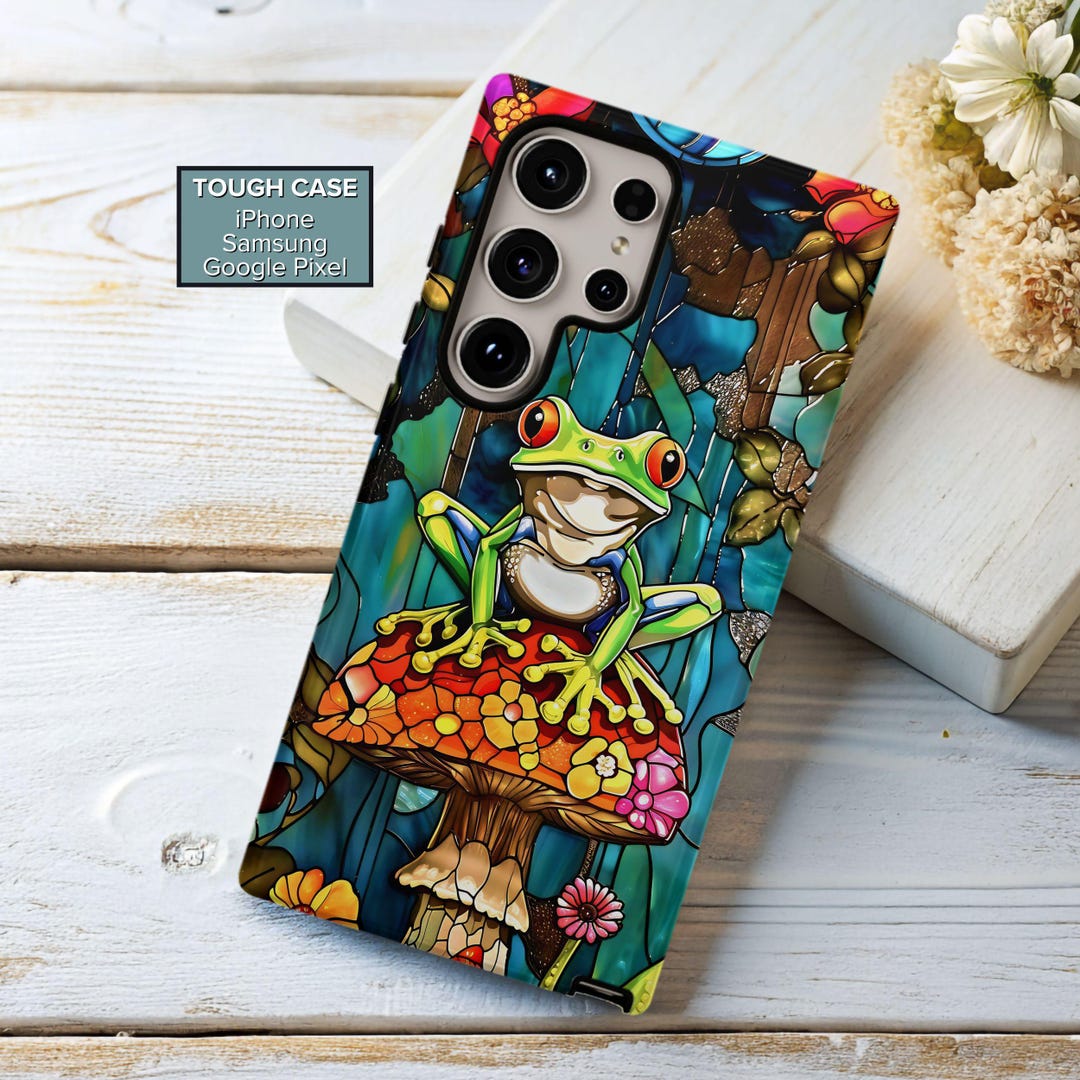 Frog on Mushroom Faux Stained Glass Phone Case: Naturecore Cottagecore ...