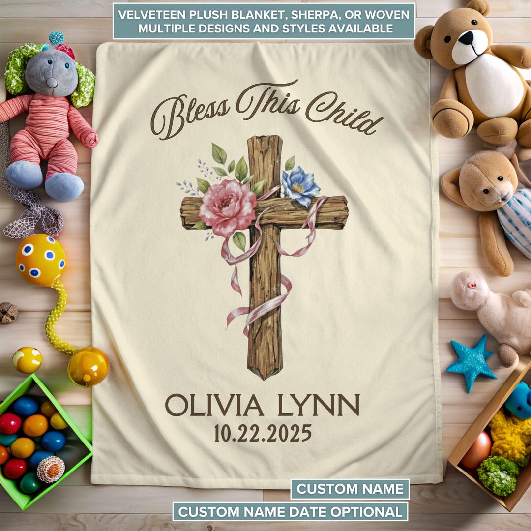Pink Ribbon Rustic Cross Baby Blanket | Personalized Baptism Gift for ...