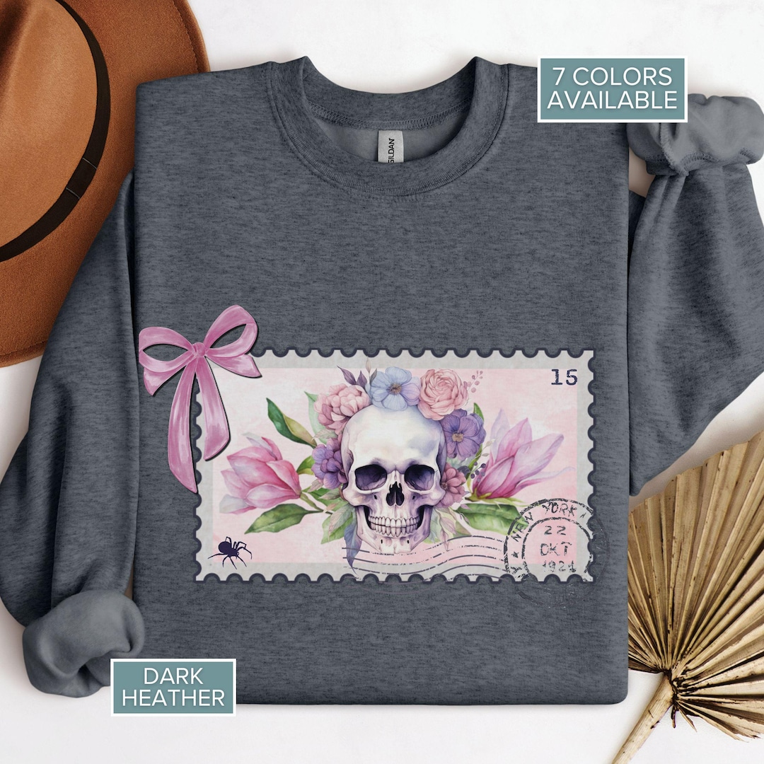 Floral Skull Halloween Postage Stamp Sweatshirt: Black Widow Spider ...