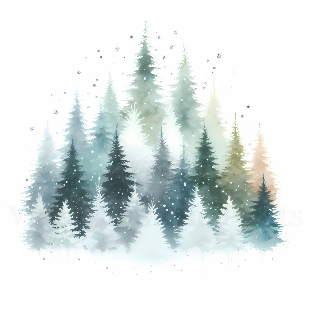 10 Pine Tree Forest Watercolor Clip Art Images- Jpgs - Forest Digital ...