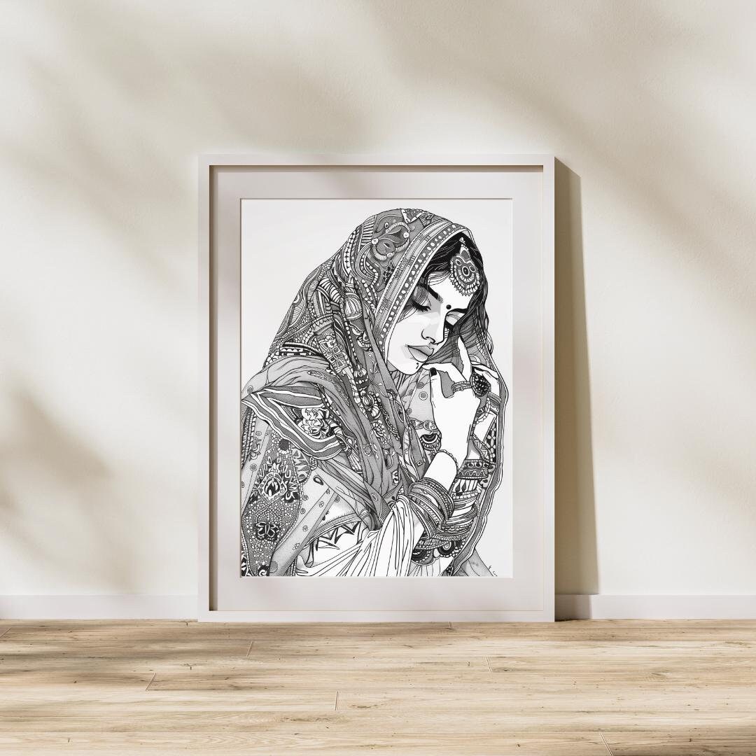 Aurat Traditional Indian Woman Art Black and White Portrait Intricate ...