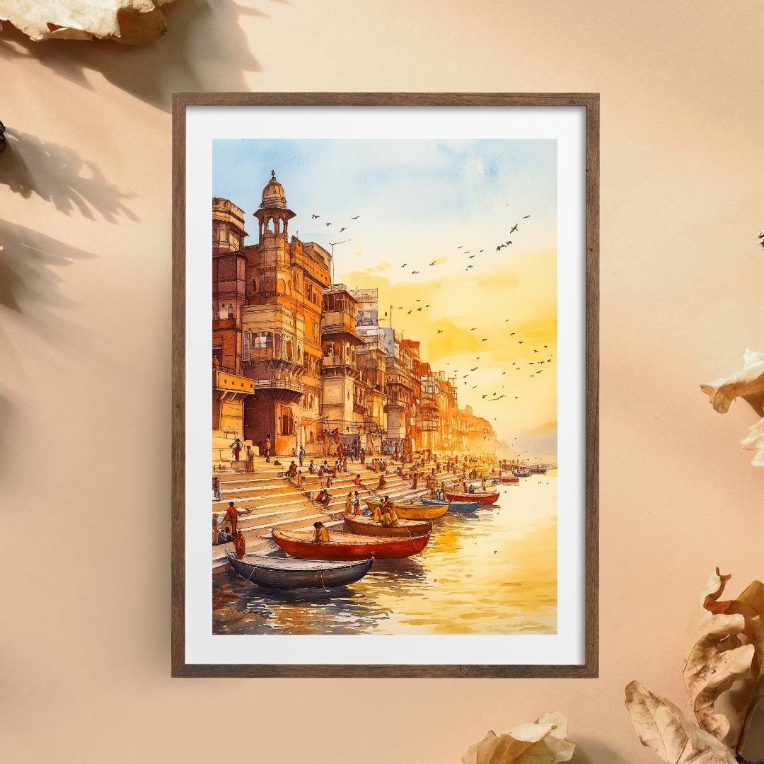 Ganga River Scene Watercolor Painting Indian Heritage Art Varanasi ...