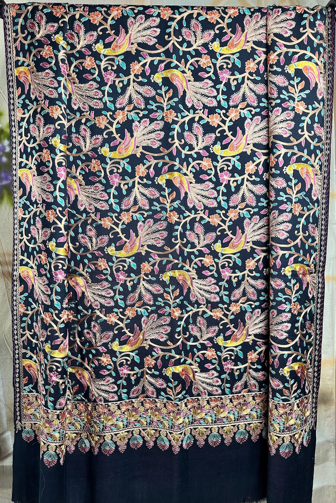 Pictorial Birds of Paradise Kashmiri Ari Silk Thread Fine Embroidery ...