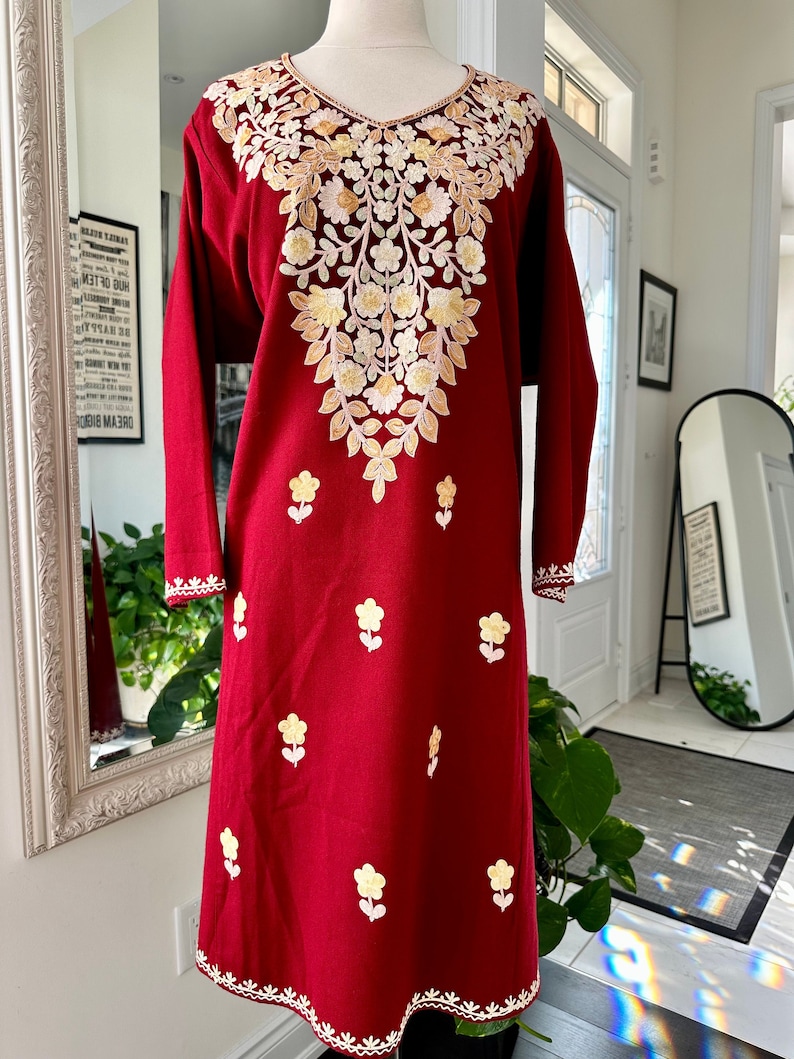 Traditional Kashmiri Pheran Ari Work Embroidery Woolen Kurta Kameez Top ...