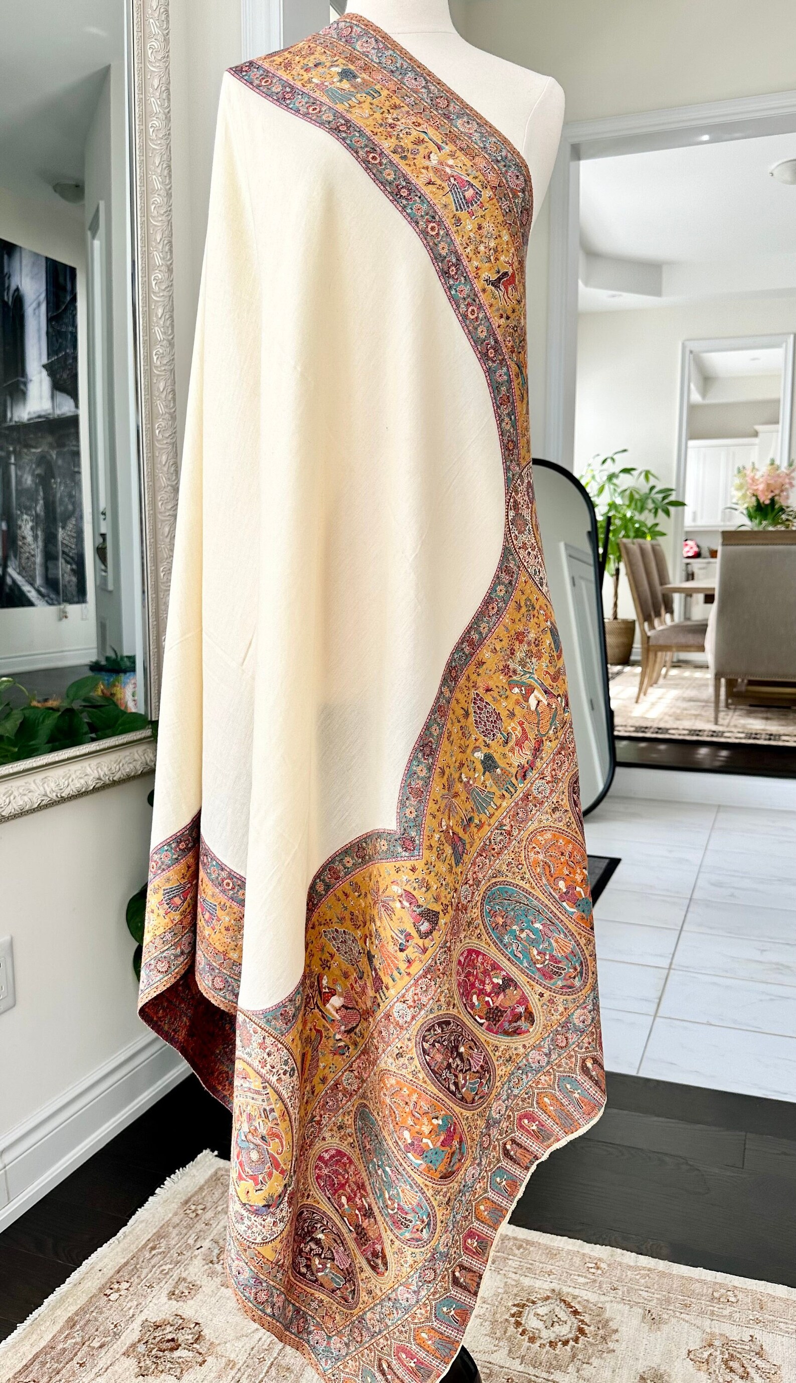 Timeless Tapestry Kani Mughal Art Shikargah Pictorial Shawl in Kashmiri ...