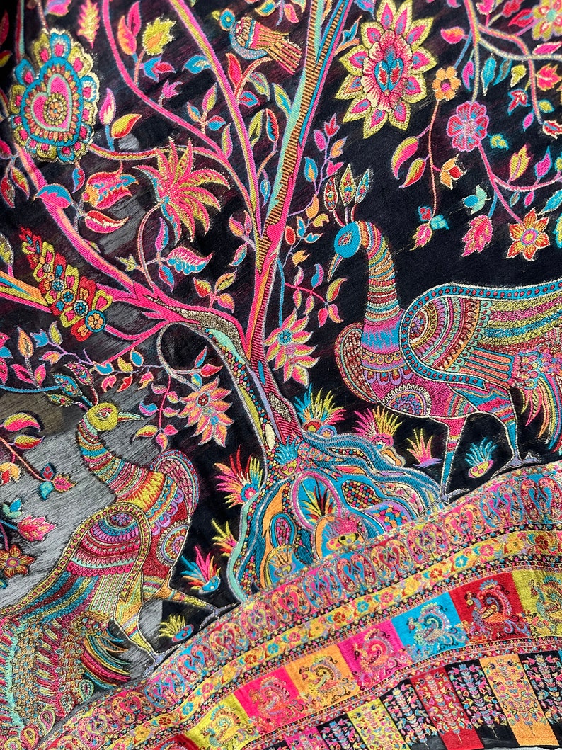 Peacocks Tree of Life Pure Kashmiri Kani Silk Luxury Jamawar Shawl With ...